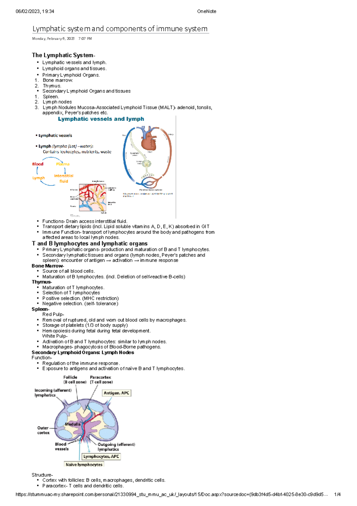 Infection Science Week 1 - Lymphatic system and components of immune ...