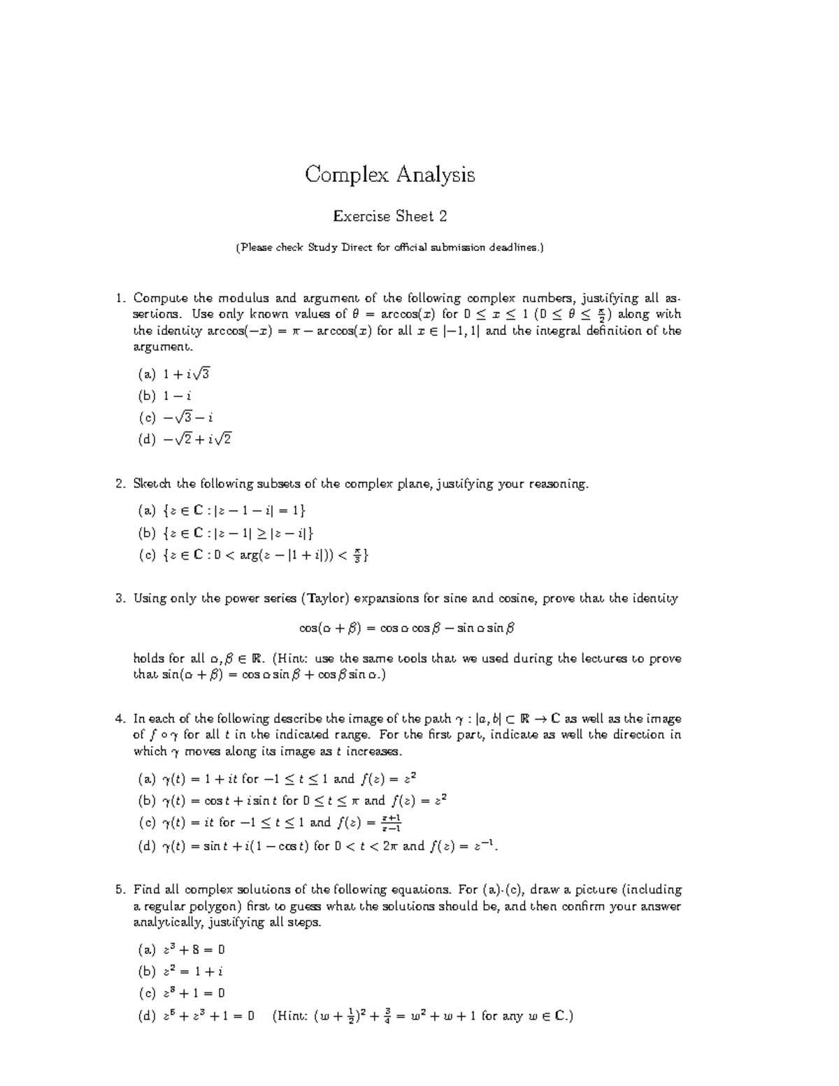 Complex analysis worksheet 2 2016 - Complex Analysis Exercise Sheet 2 ...