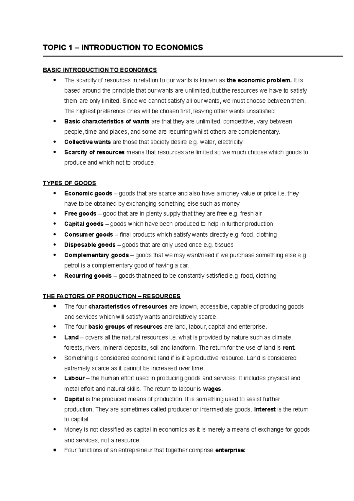 COMM1110 lecture notes week 8 - TOPIC 1 – INTRODUCTION TO ECONOMICS ...