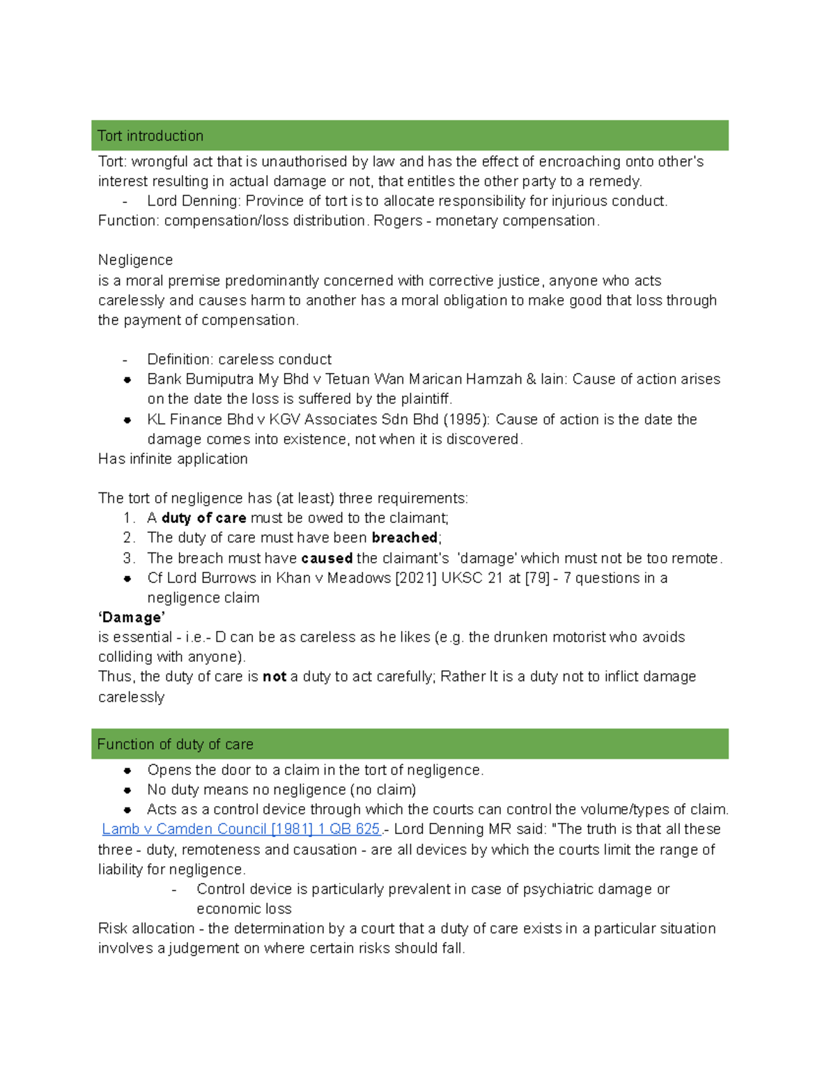 (cycle 1) The tort of negligence - Tort introduction Tort: wrongful act ...