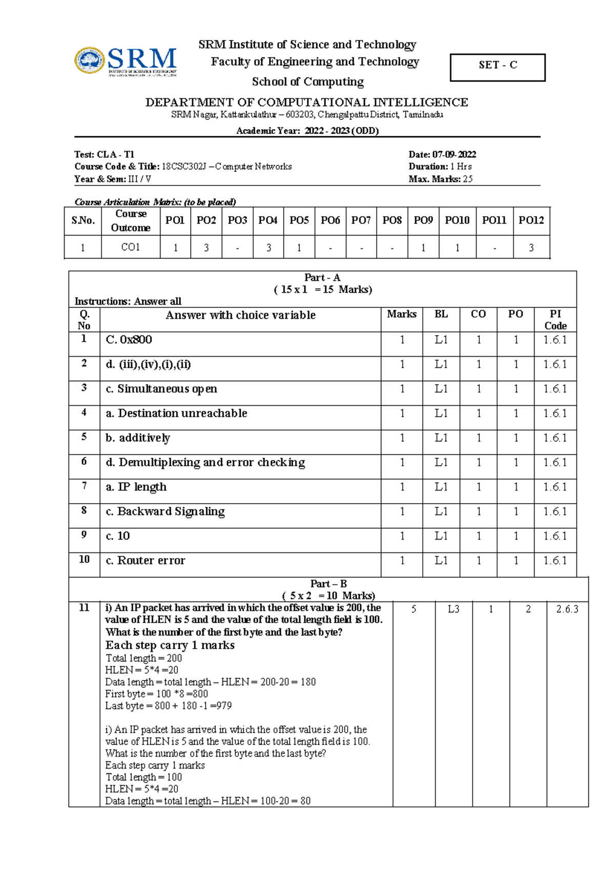 CTI-Answer Key SETC - SRM Institute of Science and Technology Faculty of Engineering and ...