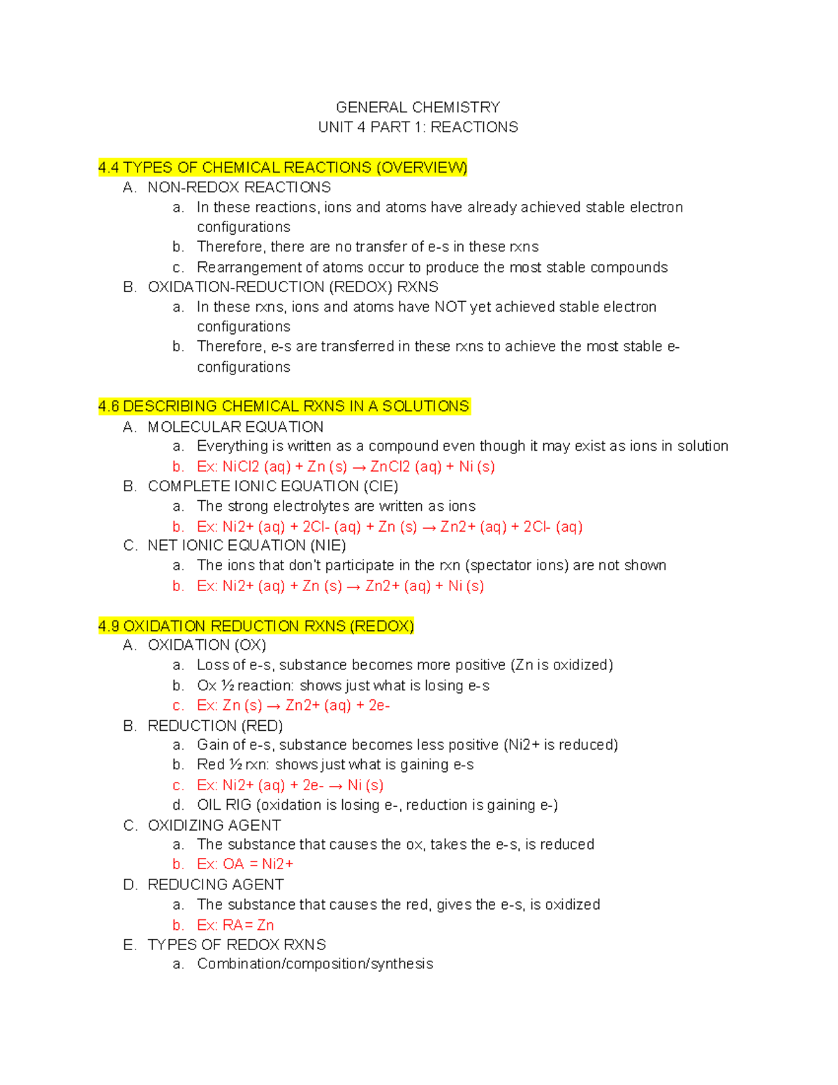 General Chemistry Unit 4 Study Guide - GENERAL CHEMISTRY UNIT 4 PART 1 ...