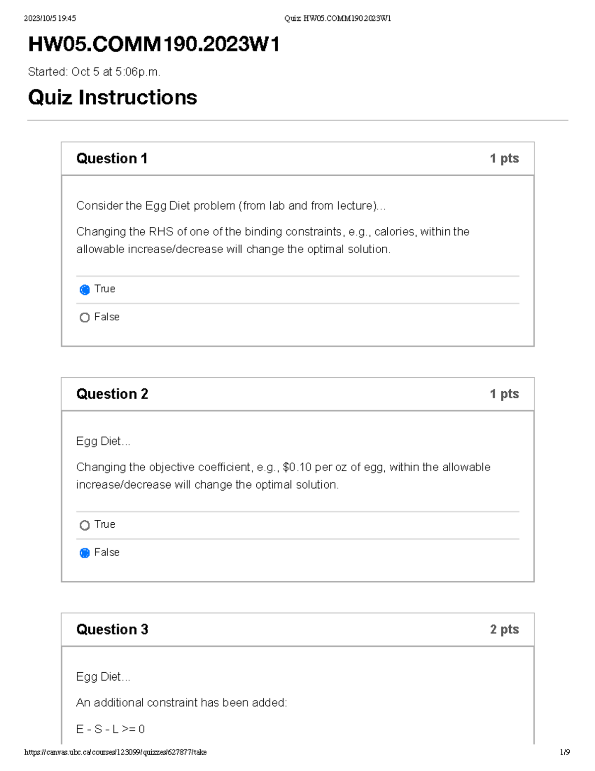 Quiz HW05 - Quiz HW05Quiz HW05Quiz HW05 - HW05.COMM190 Started: Oct 5 at 5:06p. Quiz ...