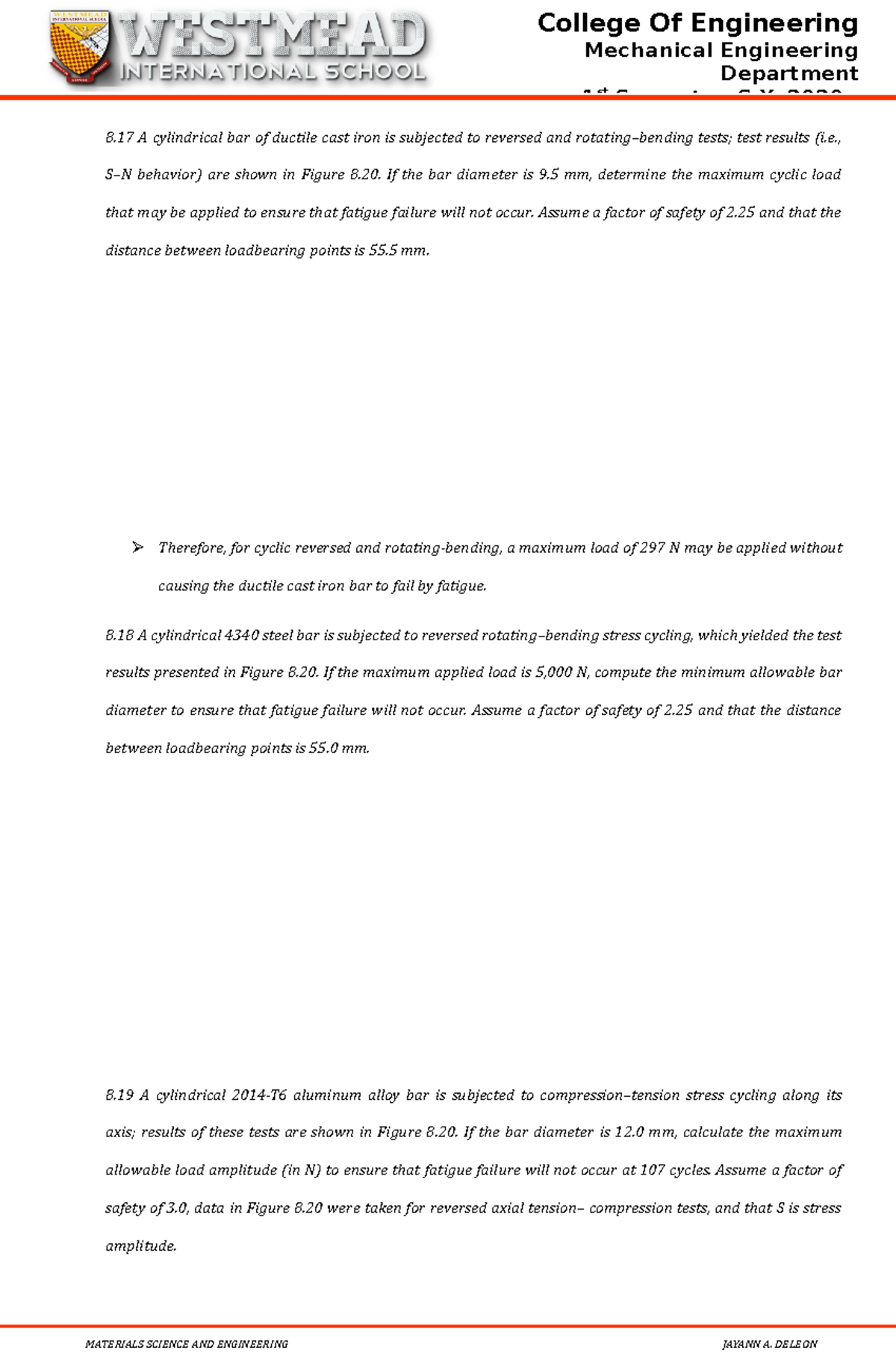 Answer Sheet Chapter 8 - Lecture notes 23 - 8 A cylindrical bar of ...