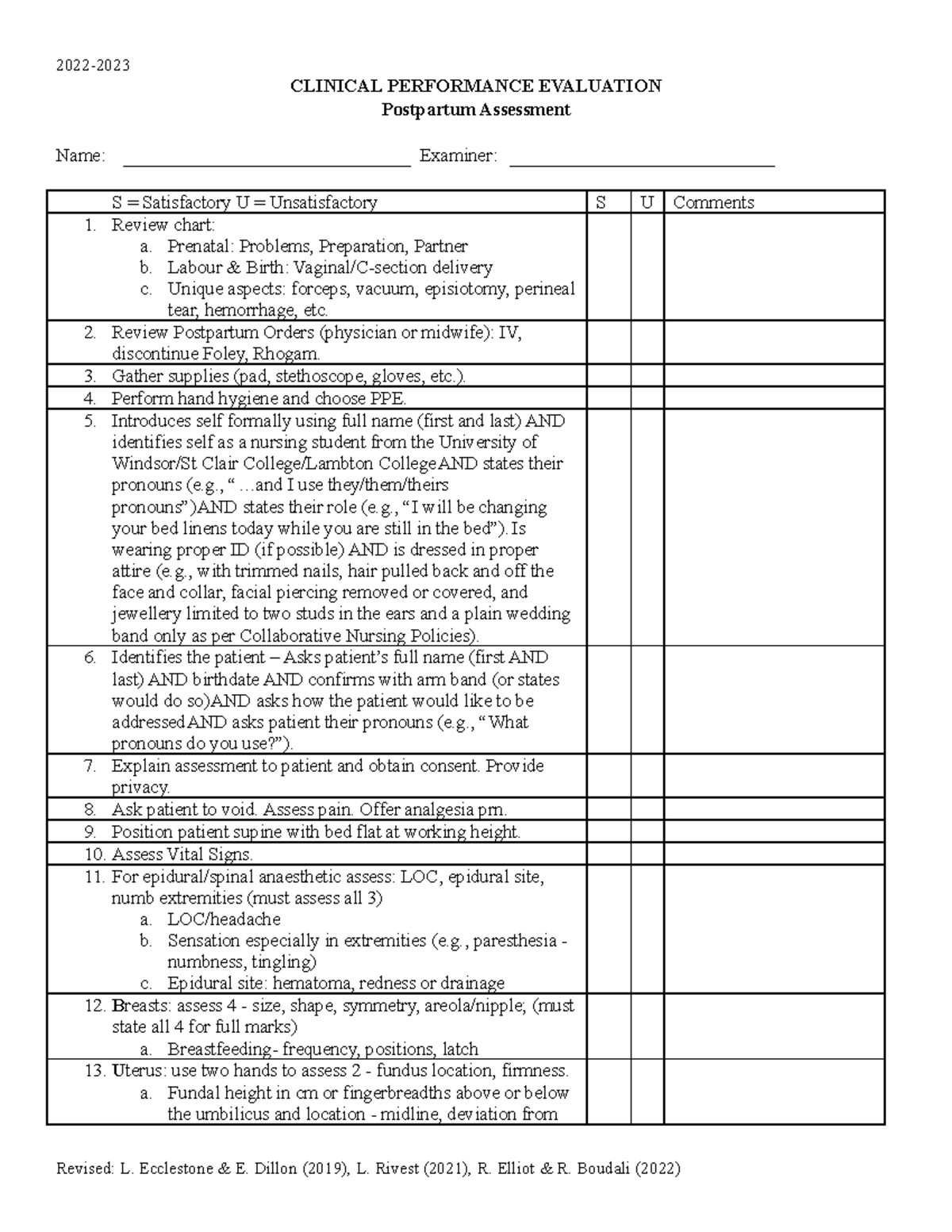 CPE Postpartum Assessment - 2022- CLINICAL PERFORMANCE EVALUATION ...