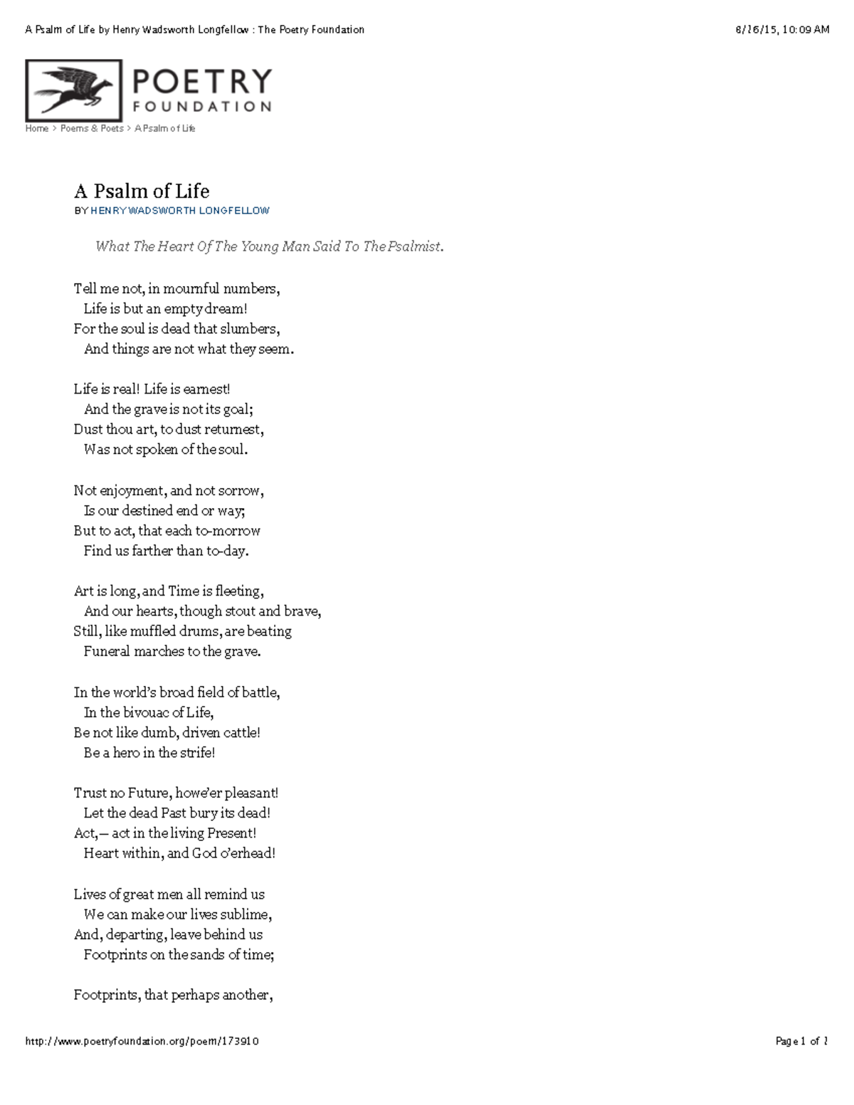 A Psalm of Life by Henry Wadsworth Longfellow - Tell me not, in ...