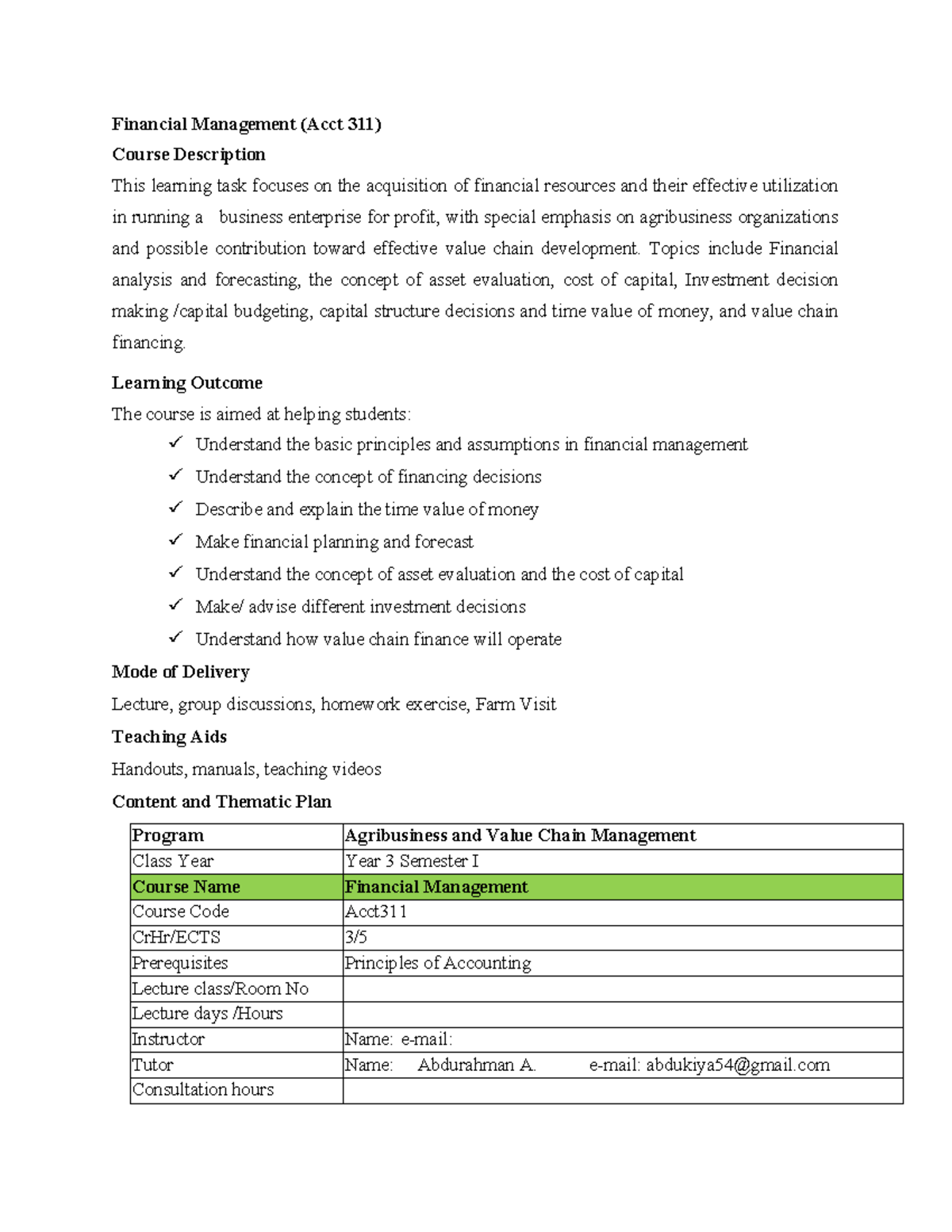 Course contents of Financial Management - Financial Management (Acct ...