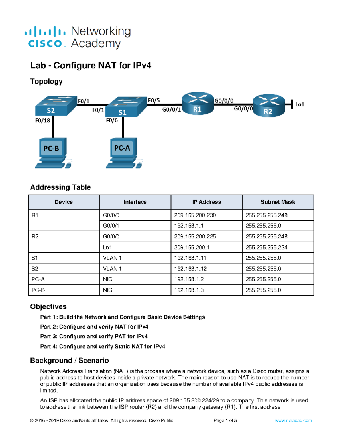 682 Lab Configure Nat For Ipv4 Topology Addressing Table Device Interface Ip Address Subnet