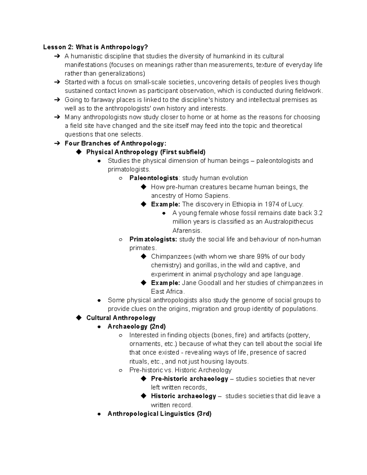ANTH 202 Class Notes - Lesson 2: What is Anthropology? A humanistic ...
