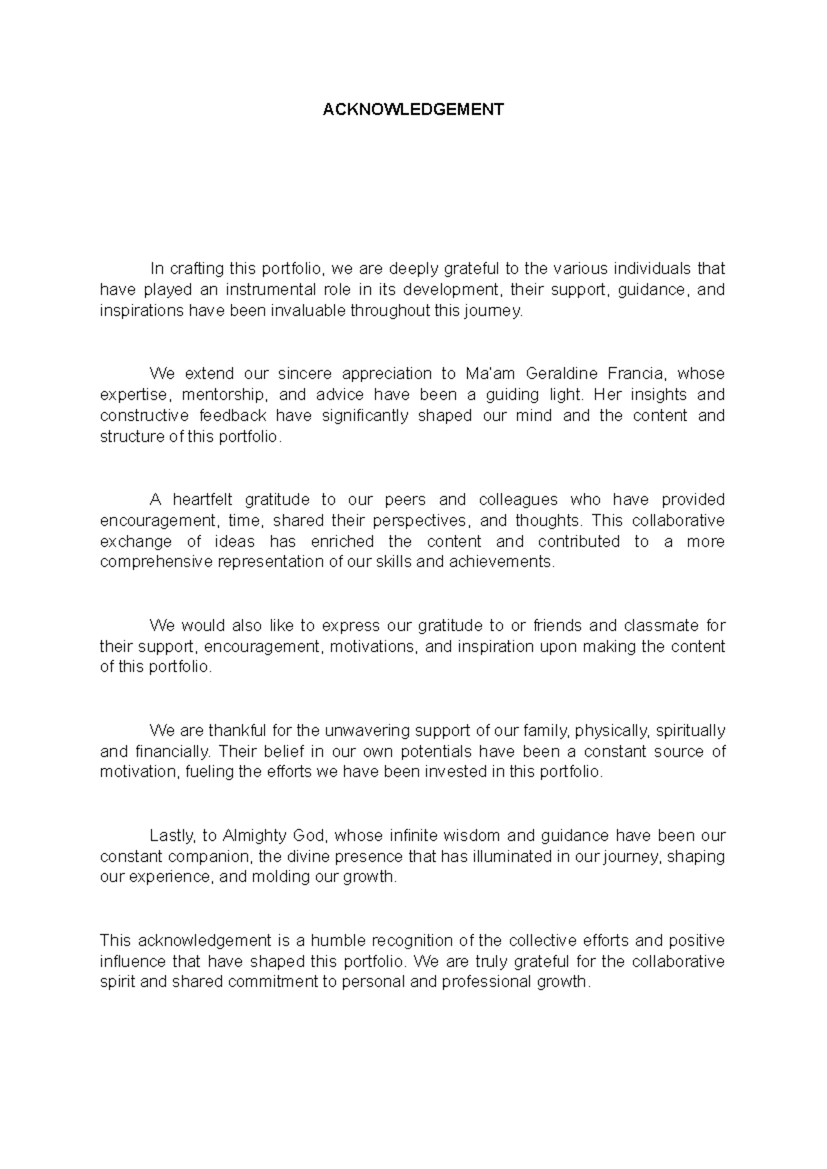 Acknowledgement - ITS HELPFUL - ACKNOWLEDGEMENT In crafting this ...