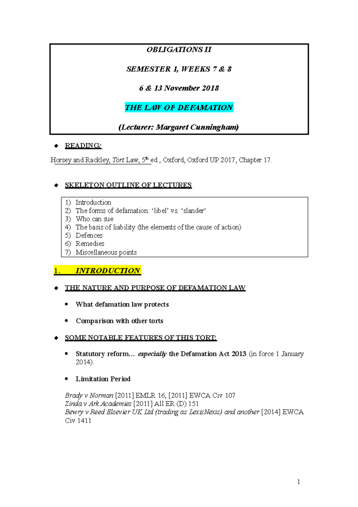 Defamation Outline NOV 2018 - OBLIGATIONS II SEMESTER 1, WEEKS 7 & 8 6 ...