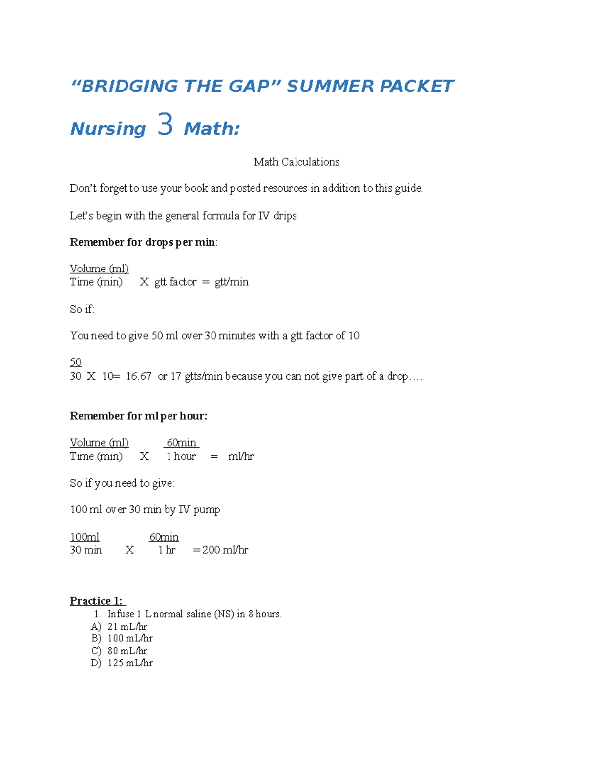 Bridging the Gap packet- Math Practice 1-4 student copy - “BRIDGING THE ...
