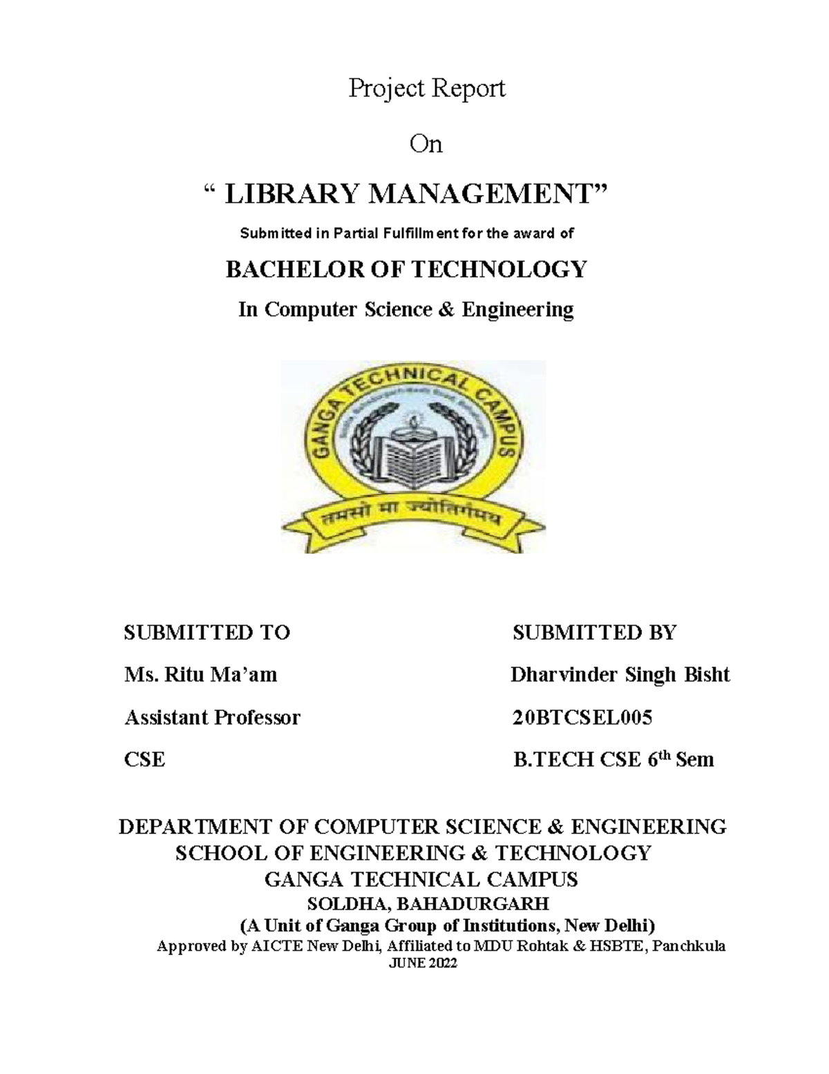 DSB Library - Project Report On “ LIBRARY MANAGEMENT” Submitted in ...