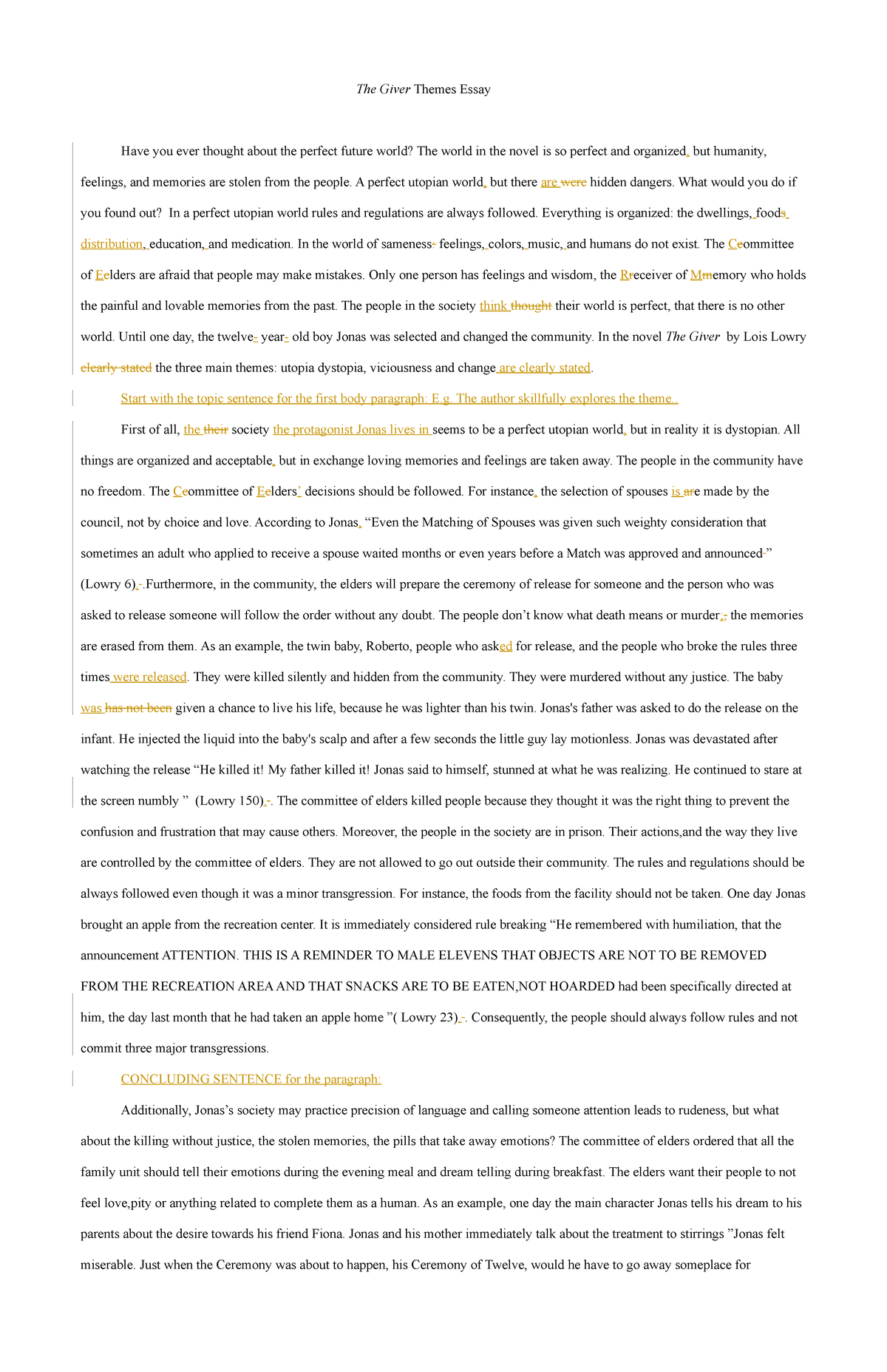 Sheena Grace Bitgue - Literary Essay Outline - The Giver Themes Essay ...