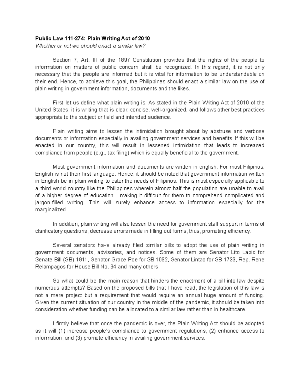 Datinguinoo, Ma. Estrella - Position Paper - Public Law 111-274: Plain ...