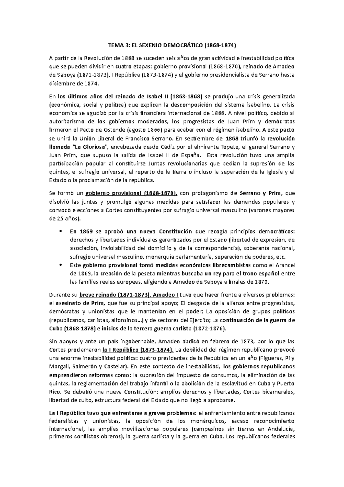 TEMA 3 EL Sexenio Democratico Resumen - TEMA 3: EL SEXENIO DEMOCRÁTICO (1868-1874) A partir de ...