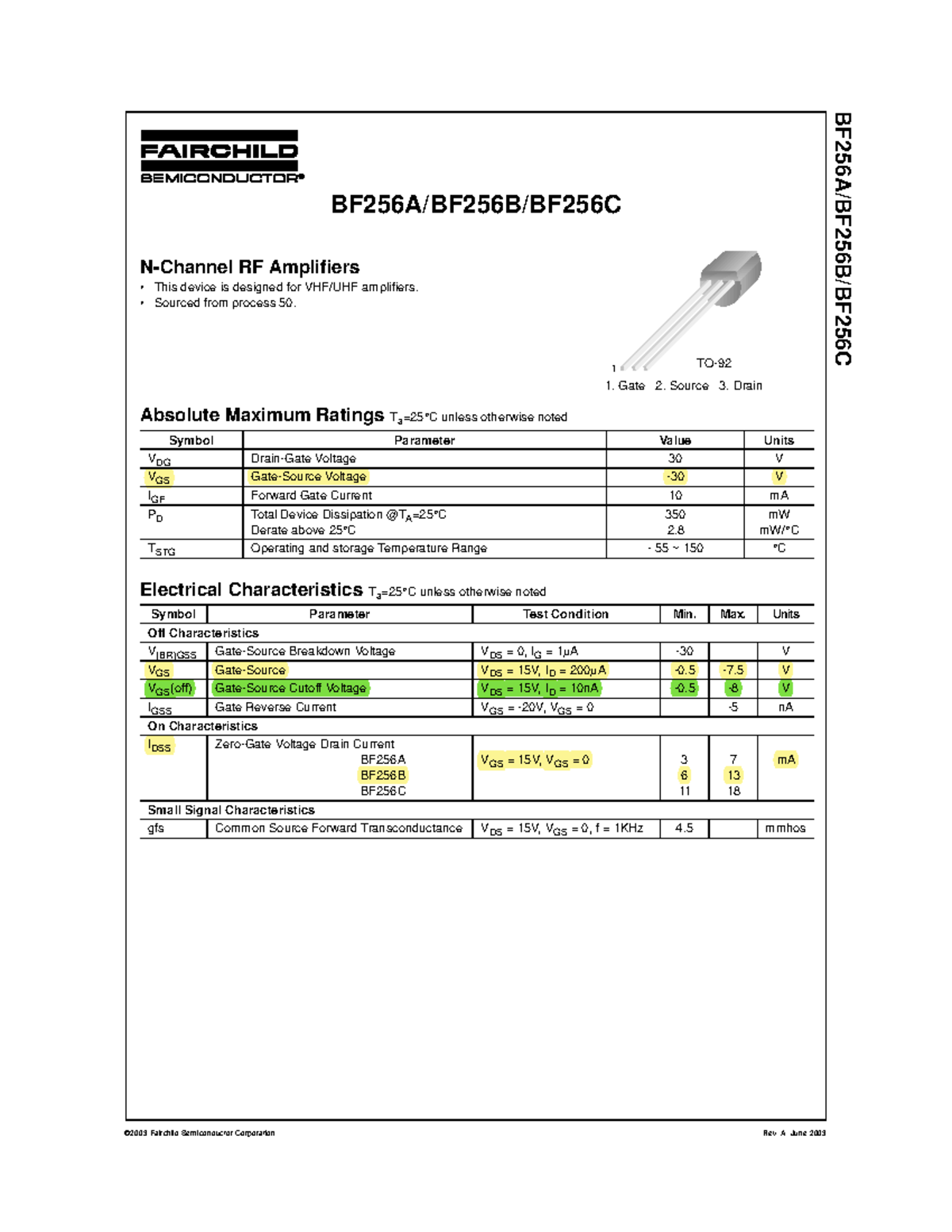 BF256A datasheet - ©2003 Fairchild Semiconductor Corporation Rev. A ...