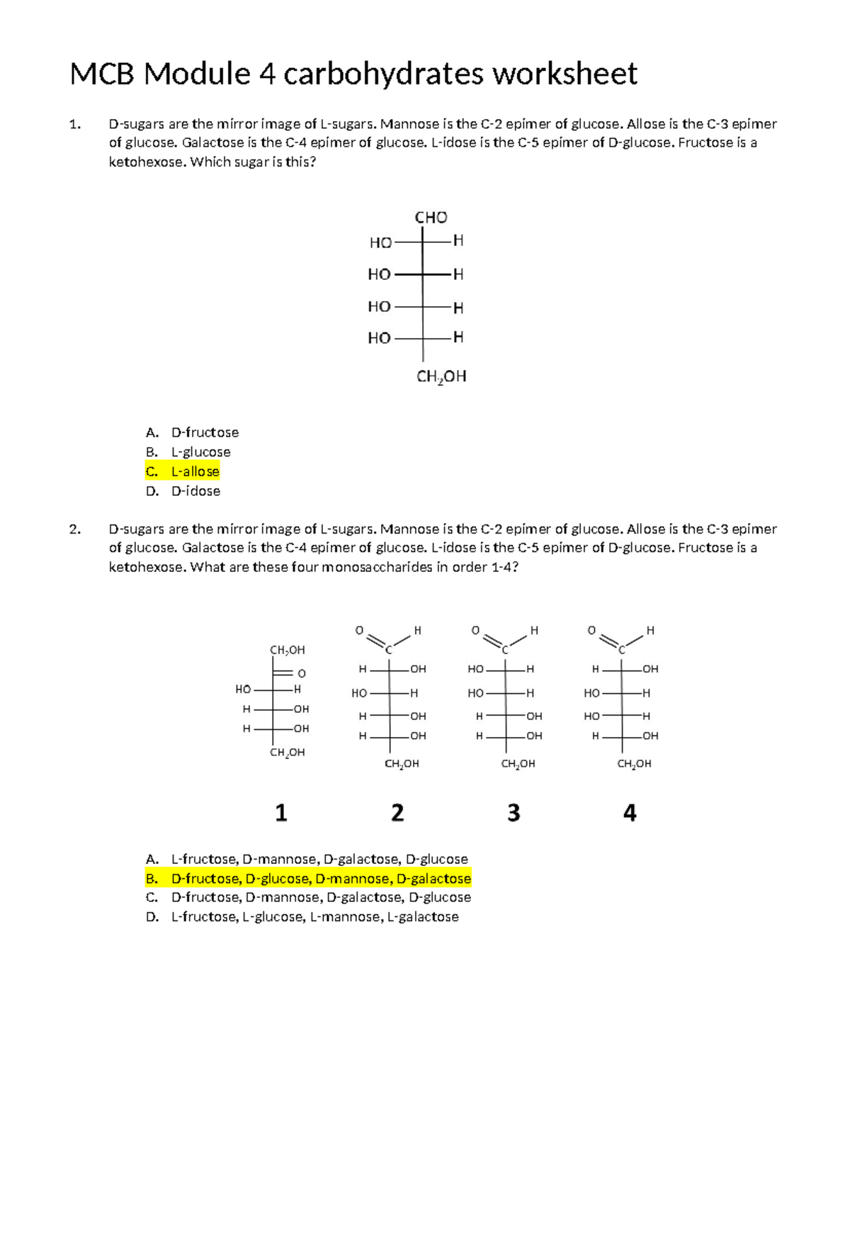 Carbohydrates worksheet with answers - D-sugars are the mirror image of ...