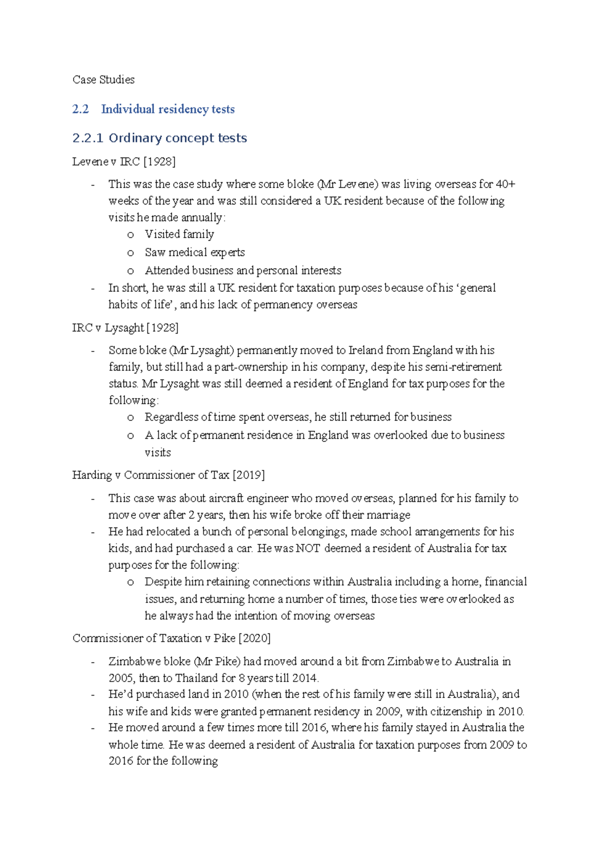 Case Study Notes - Case Studies 2 Individual residency tests 2.2 ...