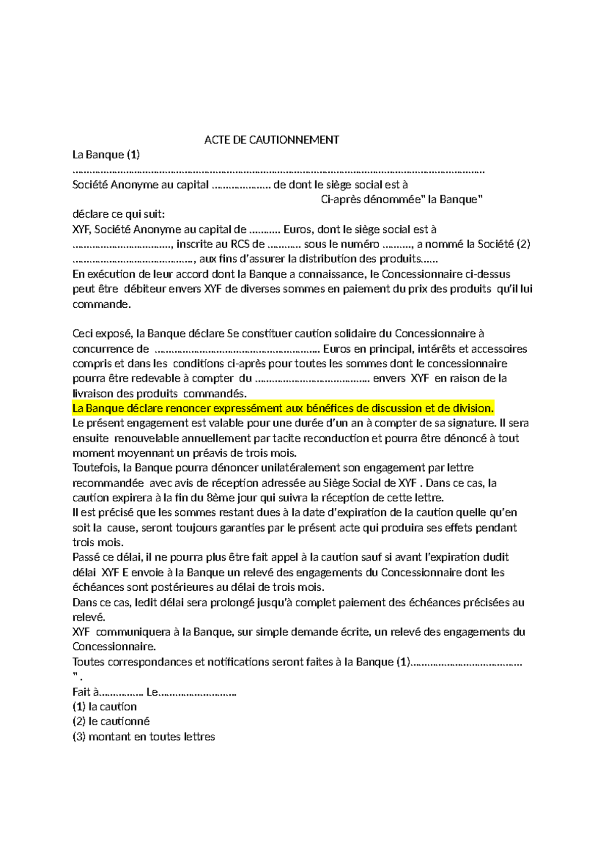 ACTE DE Cautionnement - ACTE DE CAUTIONNEMENT La Banque (1) - Studocu