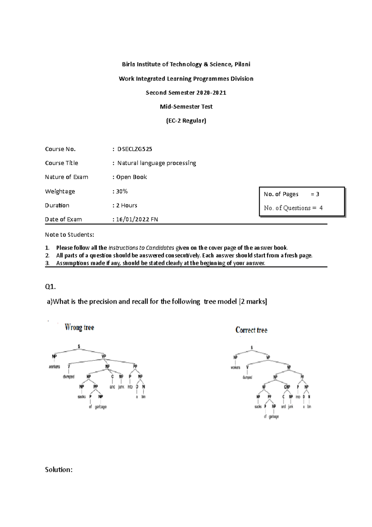 NLP midsem regular answerkey Jan2022 - Birla Institute of Technology & Science, Pilani Work ...