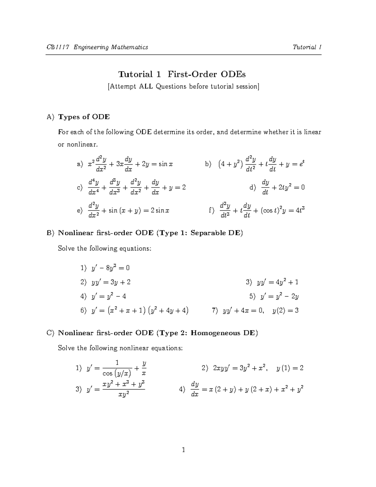 Tut 1 - First ODE - Tut 1 - CB 1117 Engineering Mathematics Tutorial 1 Tutorial 1 First-Order ...