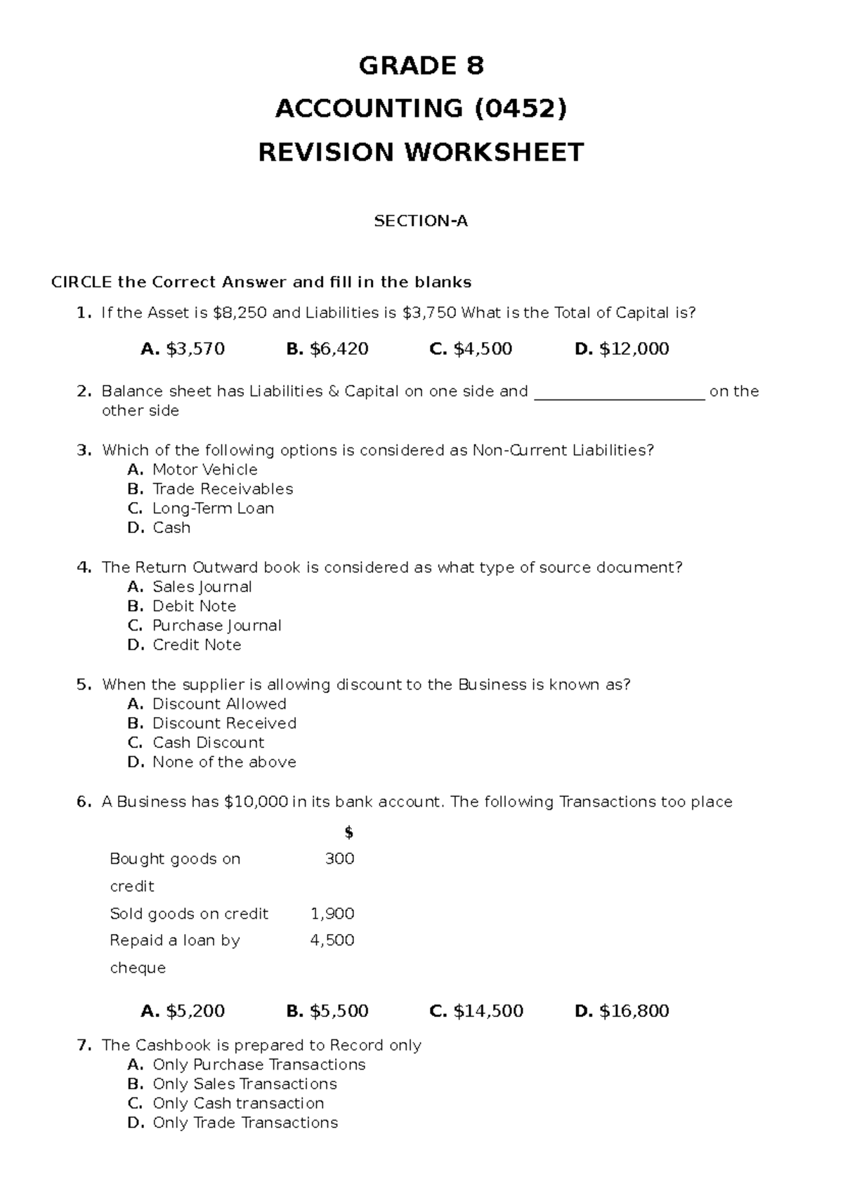Maths best ever notes - GRADE 8 ACCOUNTING (0452) REVISION WORKSHEET ...