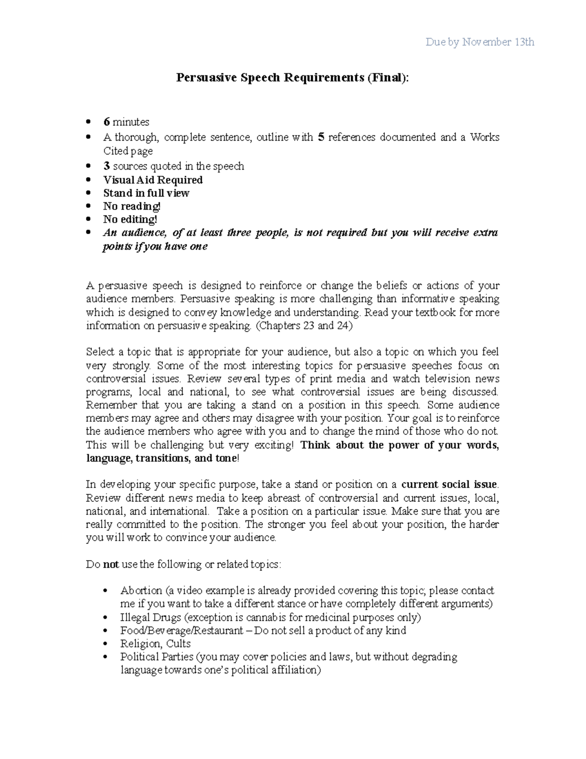 Persuasive Speech Requirements FALL 2022 - Due by November 13th ...