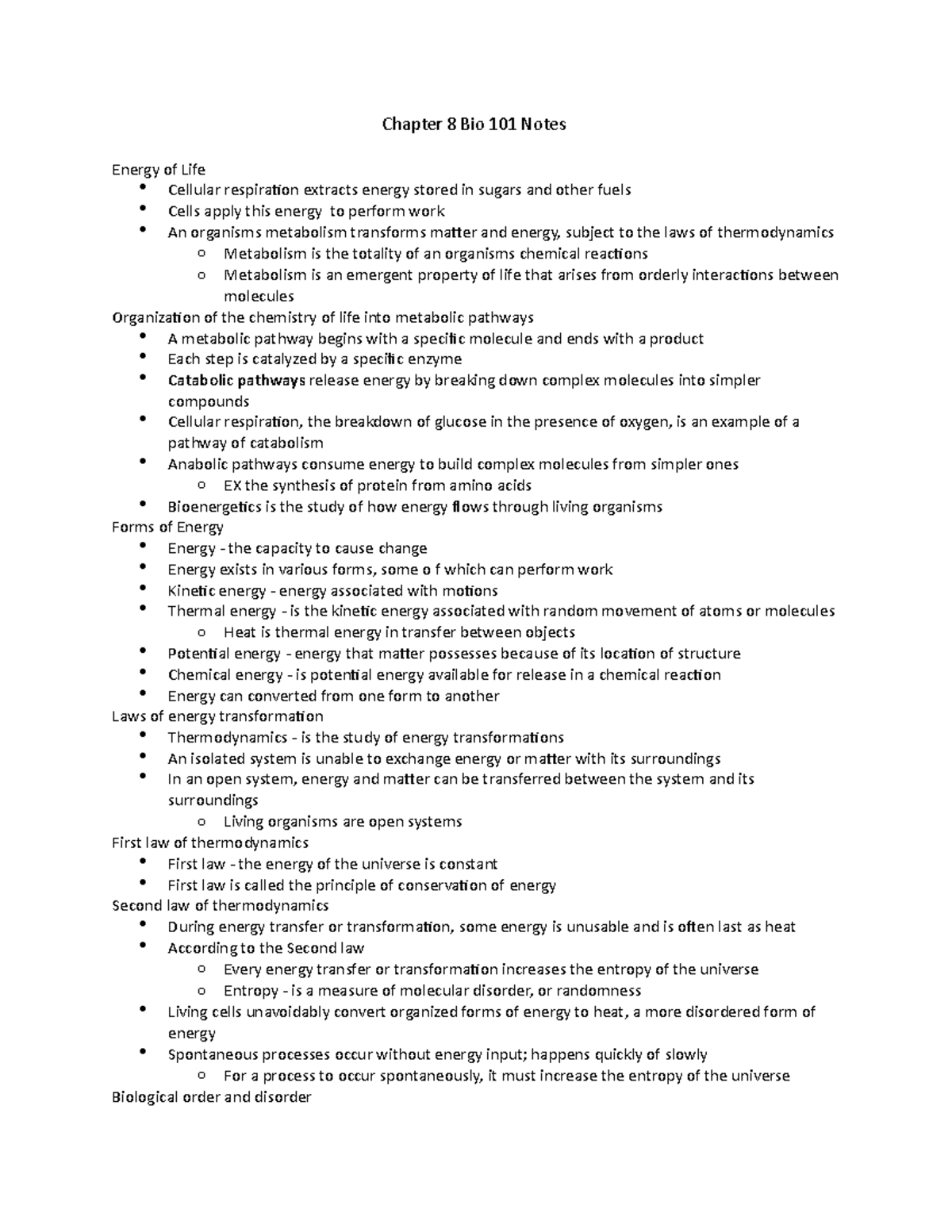 Chapter 8 Bio 101 Notes - Dr Czako - Chapter 8 Bio 101 Notes Energy of ...