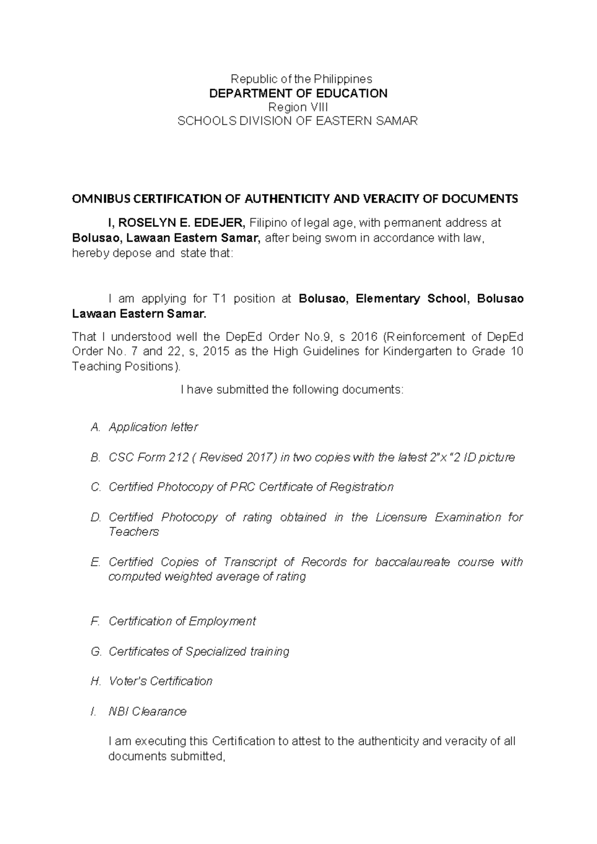 Omnibus AND Application Letter - Republic of the Philippines DEPARTMENT ...