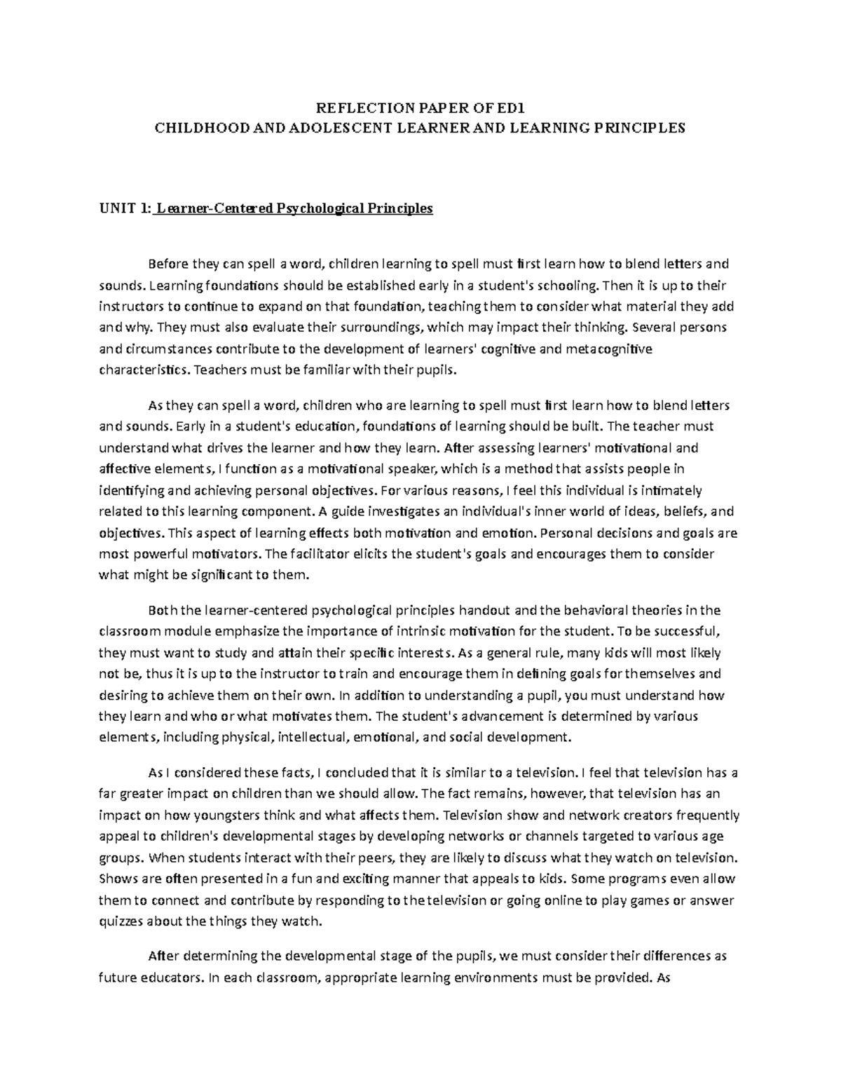 Reflection Paper OF ED1 (UNIT 1,2,3) - Andallo, Erica G. Bsned 1 ...