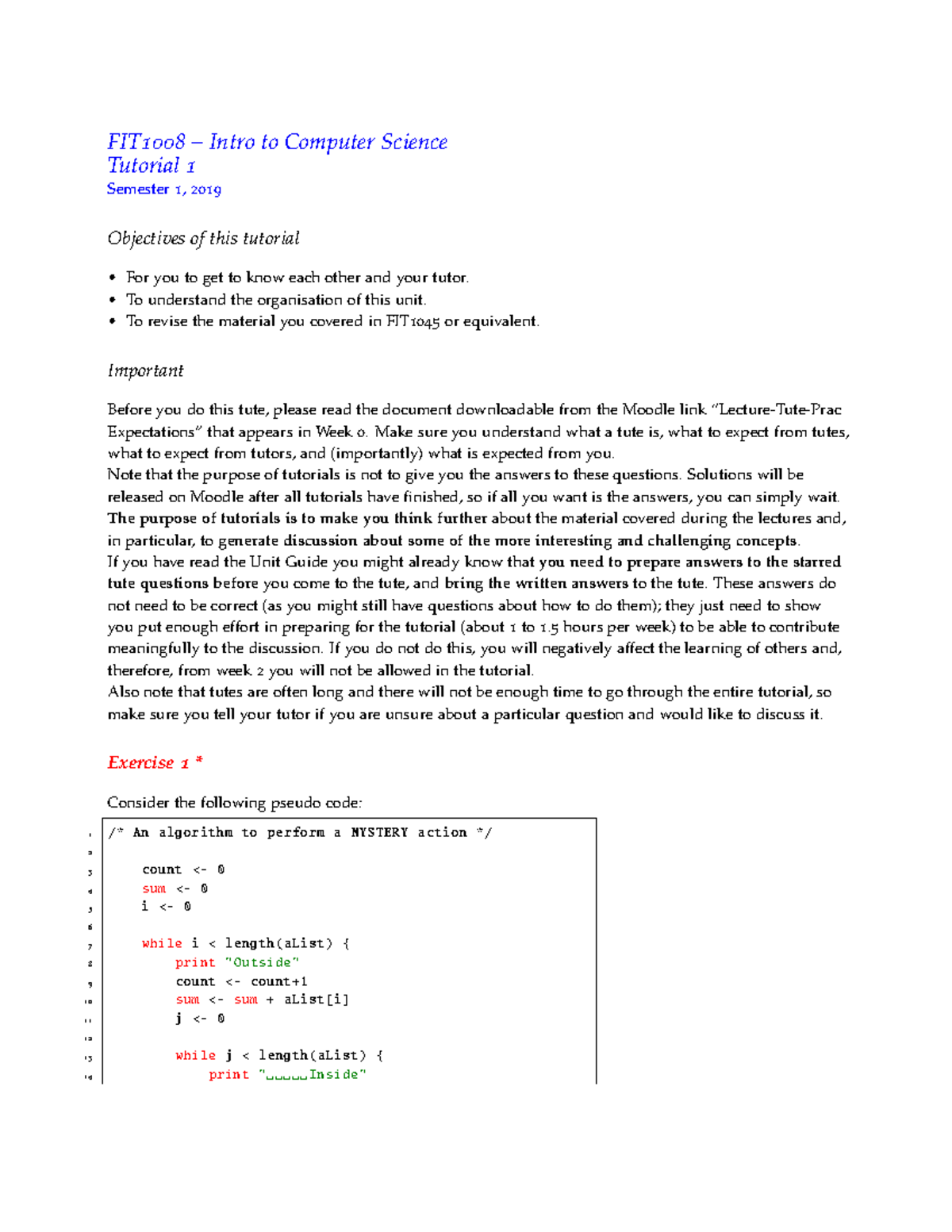 Tute1 - Tute week 1 - FIT 1008 – Intro to Computer Science Tutorial 1 ...
