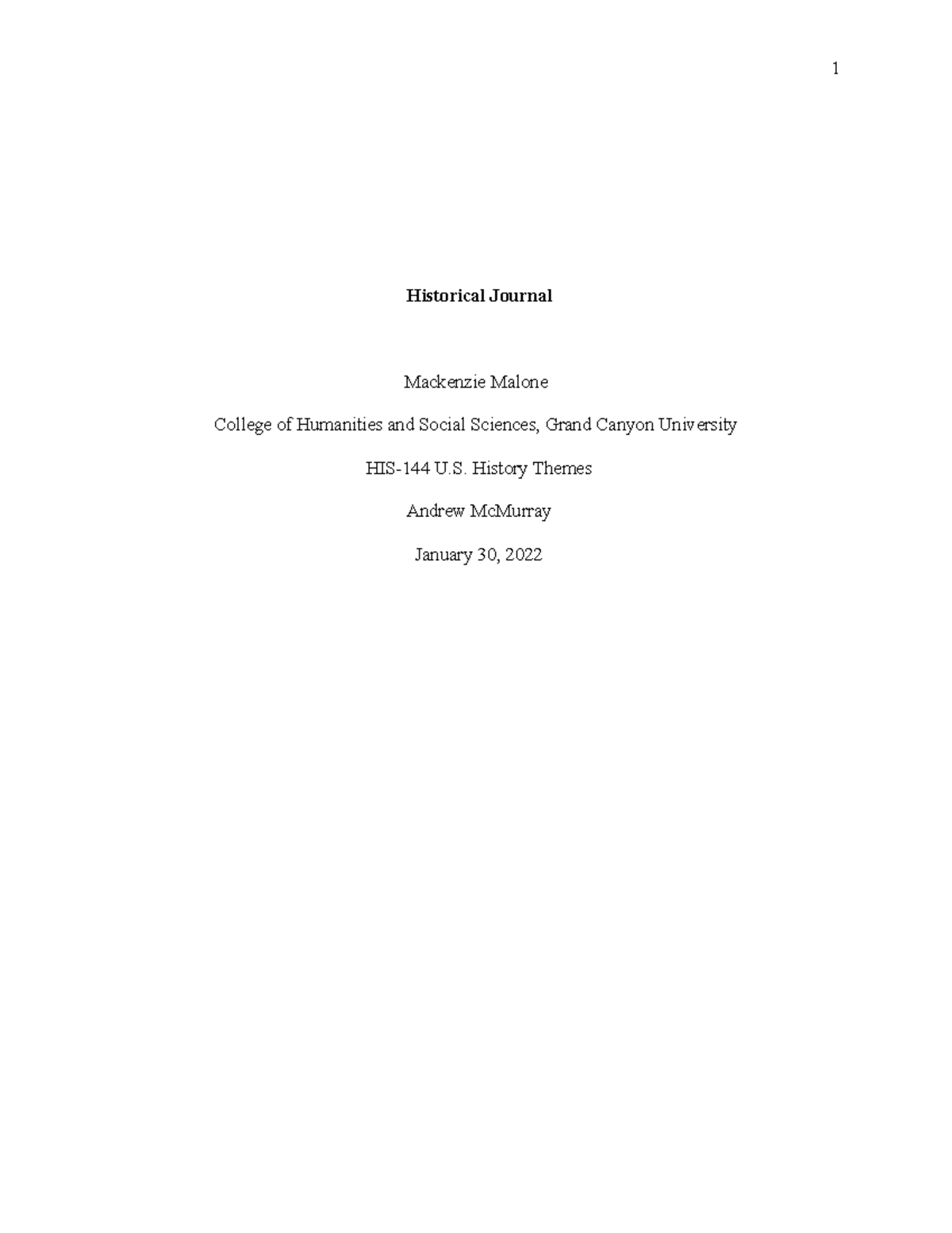 HIS144 - Historical Journal Entry Assignment - Historical Journal ...