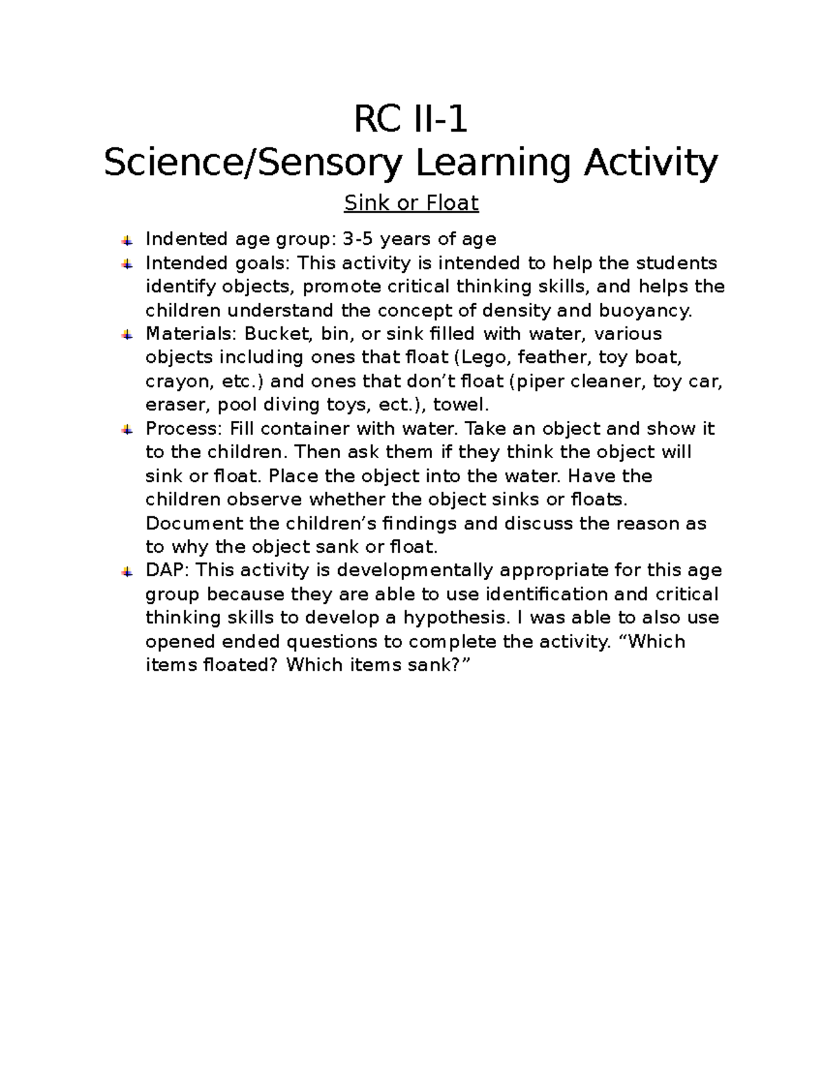 CDA Tab E - nan - RC II- Science/Sensory Learning Activity Sink or ...