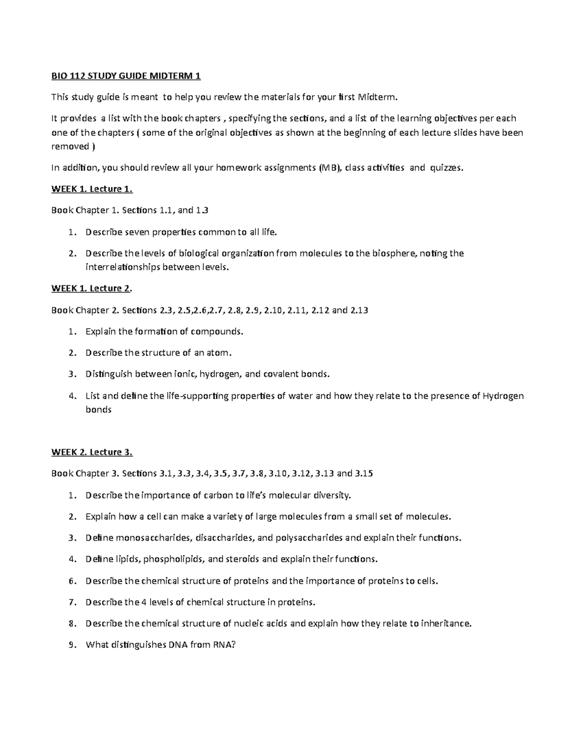 Study Guide Midterm 1-Fall21 - BIO 112 STUDY GUIDE MIDTERM 1 This study ...