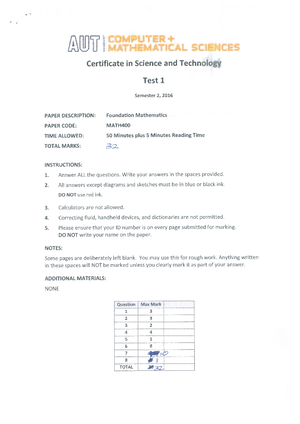 Test 2017 s1 test 3, questions and answers - Certificate in Science and ...