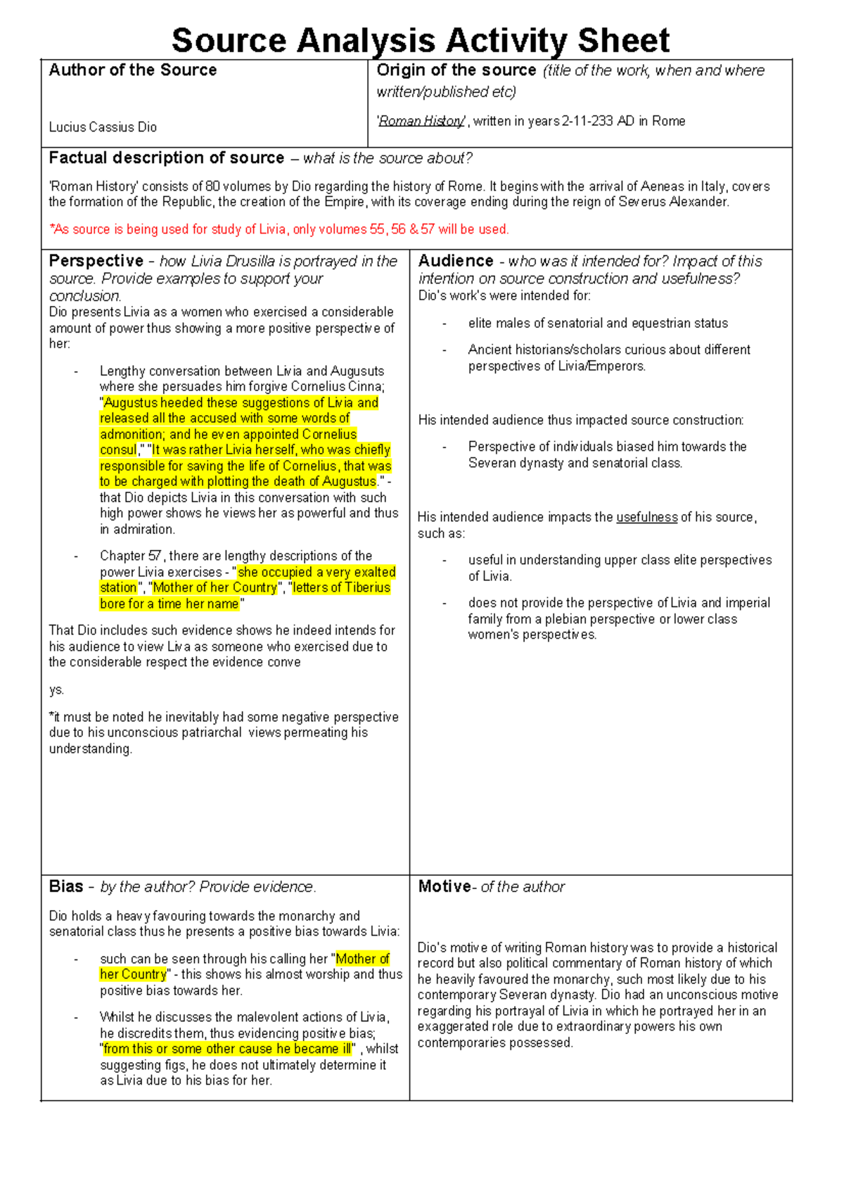 1 Cassius Dio Source Analysis - Source Analysis Activity Sheet Author ...