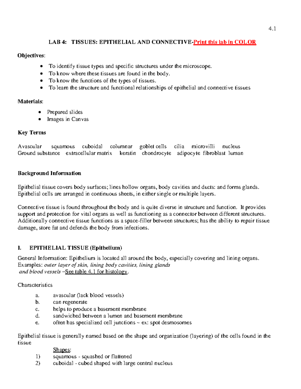 Lab4-Tissues - ugu; - 4. LAB 4 : TISSUES: EPITHELIAL AND CONNECTIVE ...
