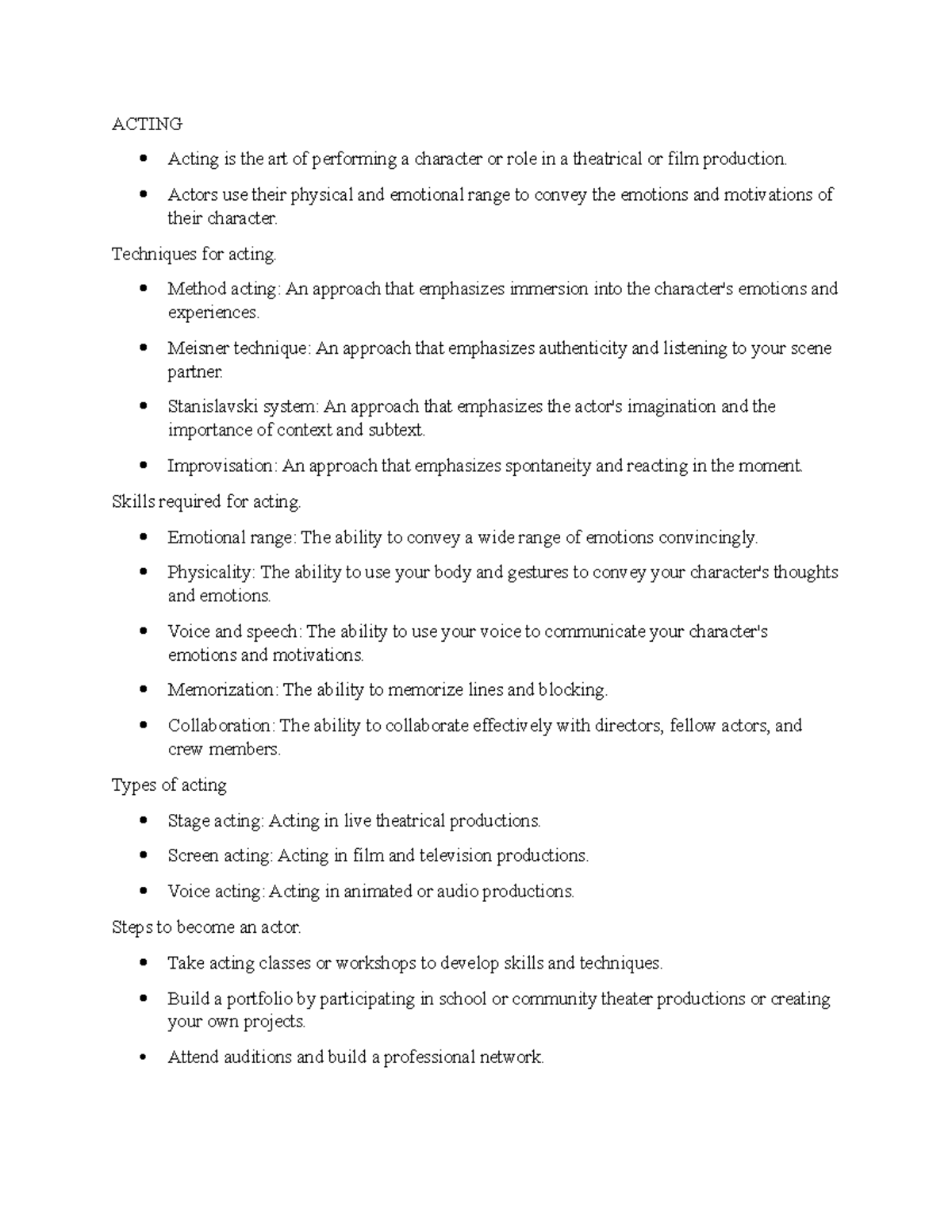 Acting Notes 1 - ACTING Acting is the art of performing a character or ...