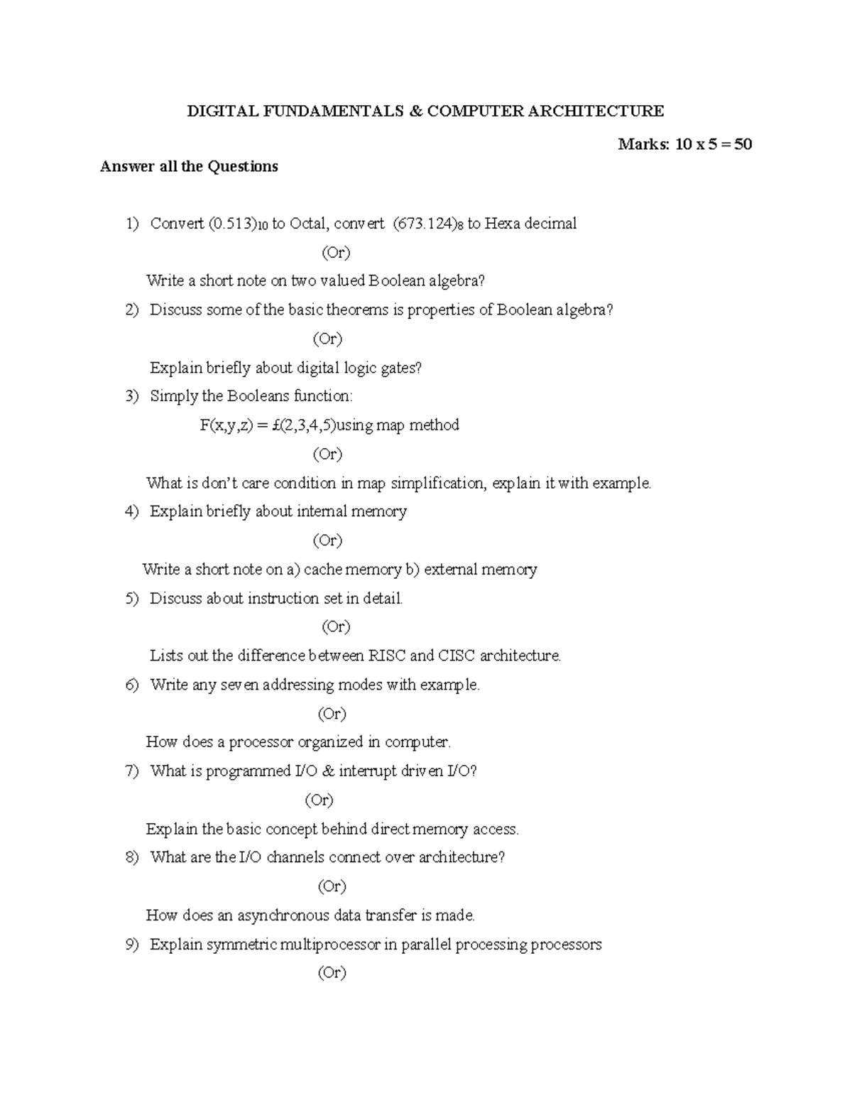 M.C.A Assignment Topics for 20CT - DIGITAL FUNDAMENTALS & COMPUTER ARCHITECTURE Marks: 10 x 5 ...