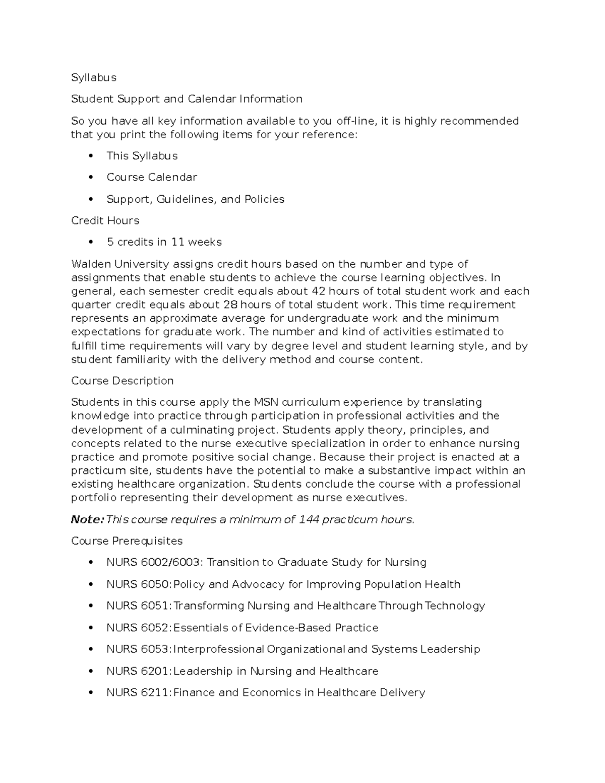 NURS6600 Syllabus - Syllabus Student Support and Calendar Information ...