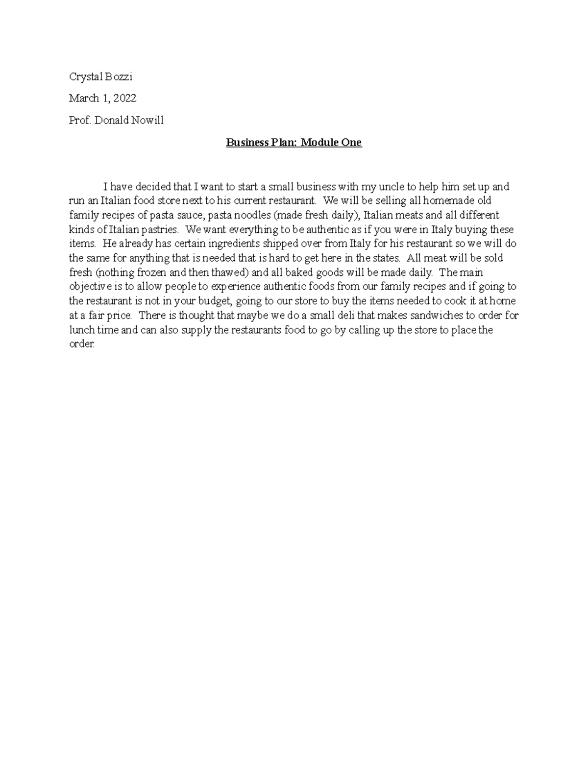 Business Plan Module One 3 - Crystal Bozzi March 1, 2022 Prof. Donald ...