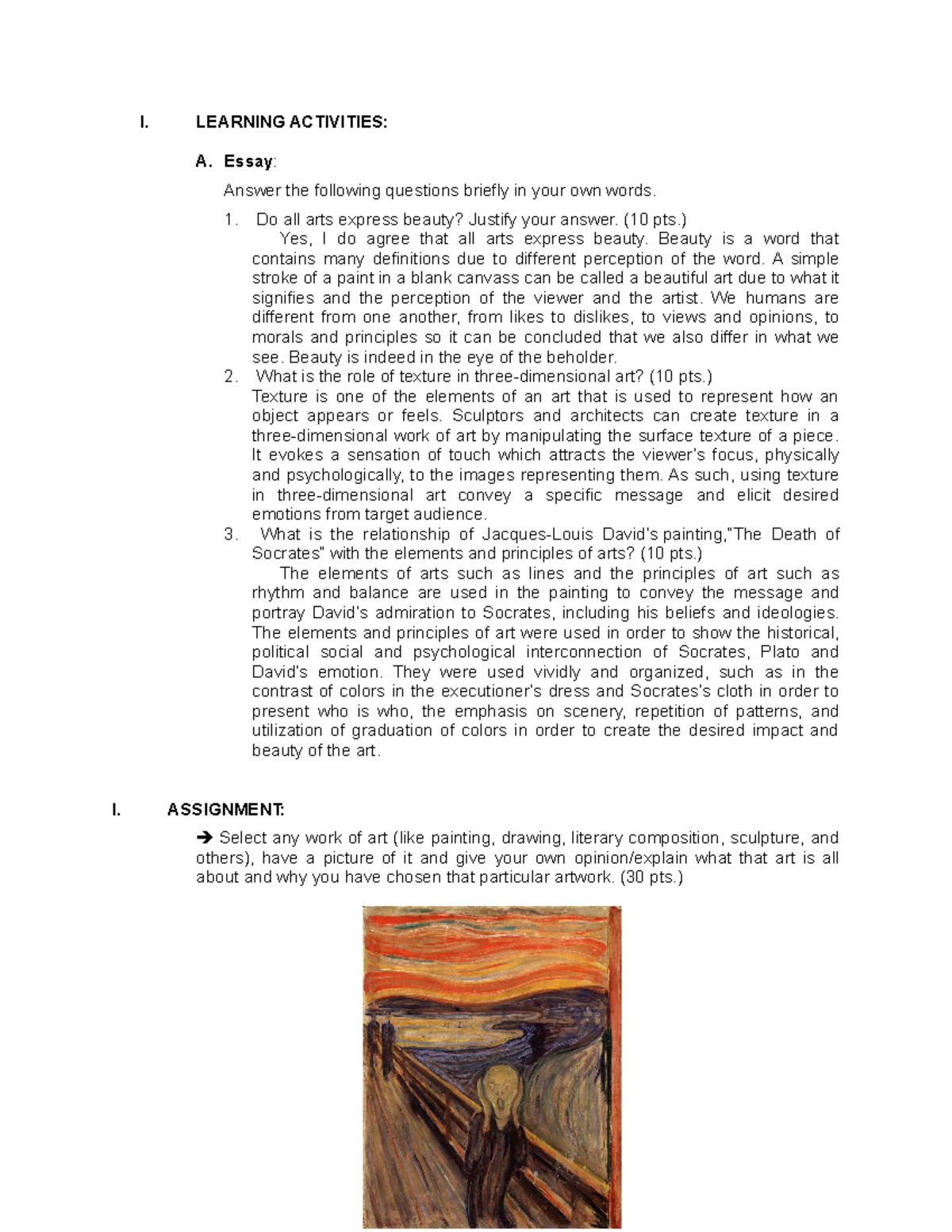 Arts Module 4 - Learning Activities and Essays - I. LEARNING ACTIVITIES: A. Essay: Answer the ...