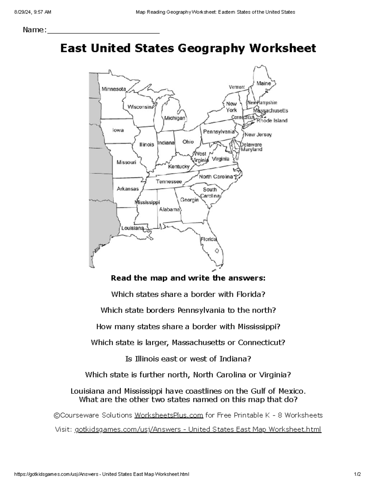 Eastern States of the United States - Name ...