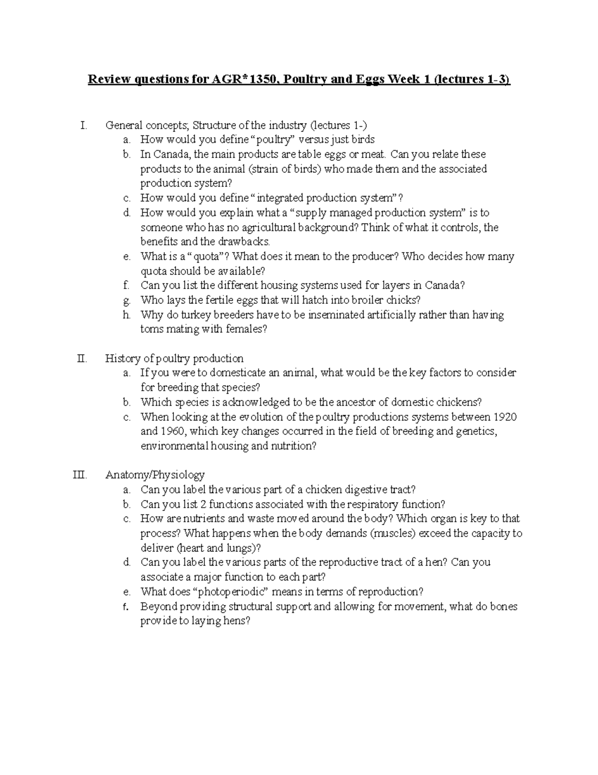 Review questions for Week 1 - Review questions for AGR*1350, Poultry ...