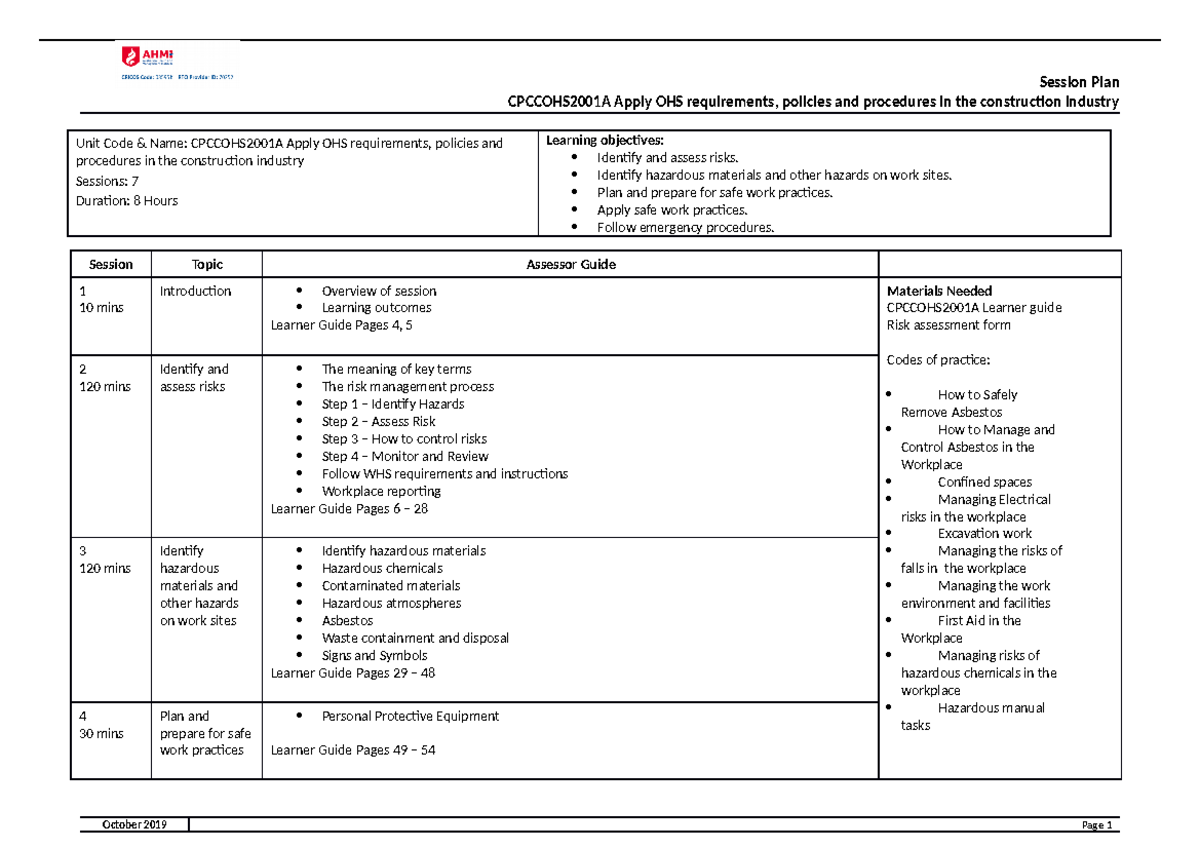 Session Plan OHS - Session Plan CPCCOHS2001A Apply OHS requirements ...