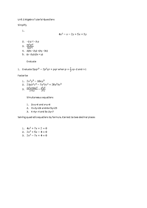 Unit 2 Tutorial Questions-1 - Unit 2 Algebra Tutorial Questions ...