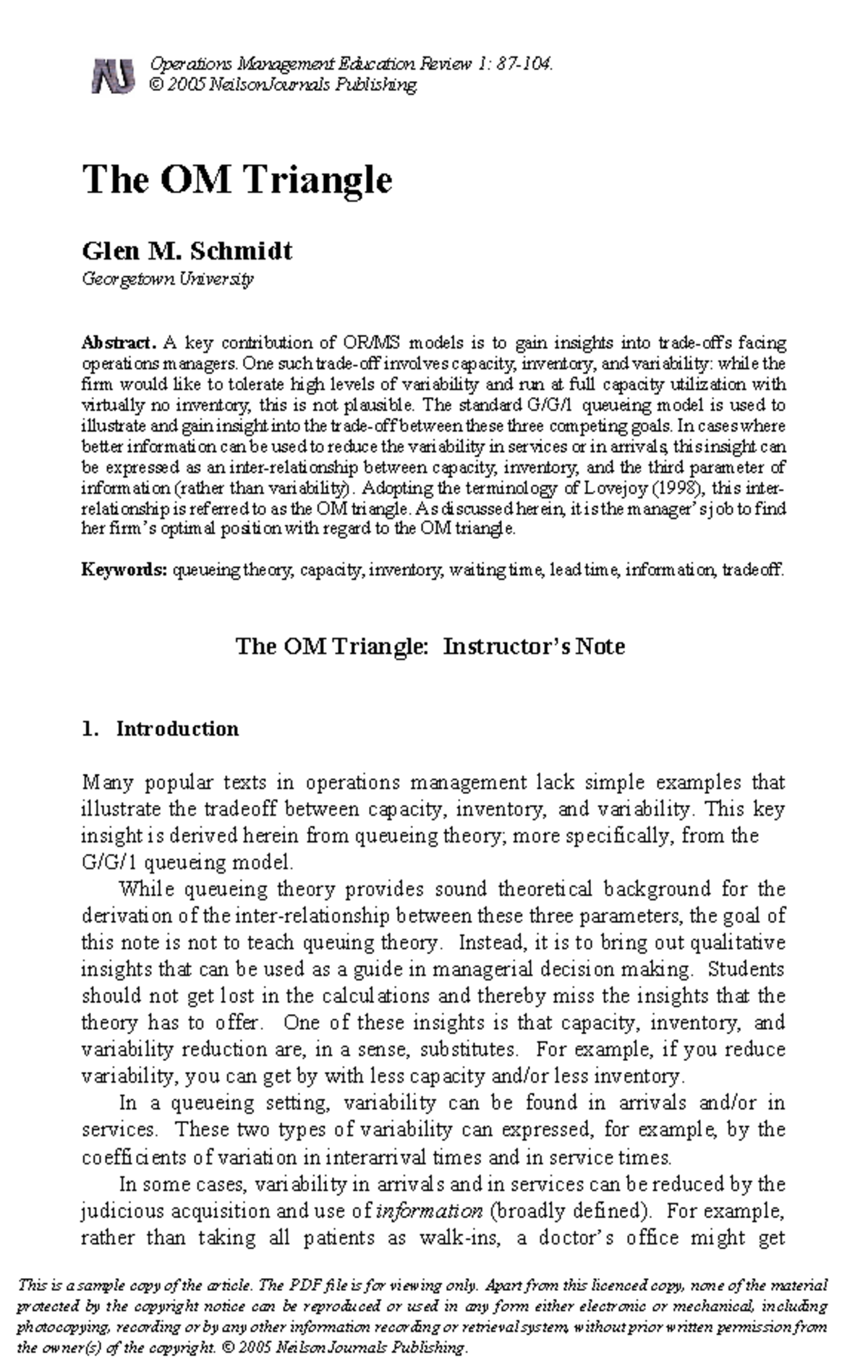 Art 3 The OM Triangle - Operations Management Education Review 1: 87 ...