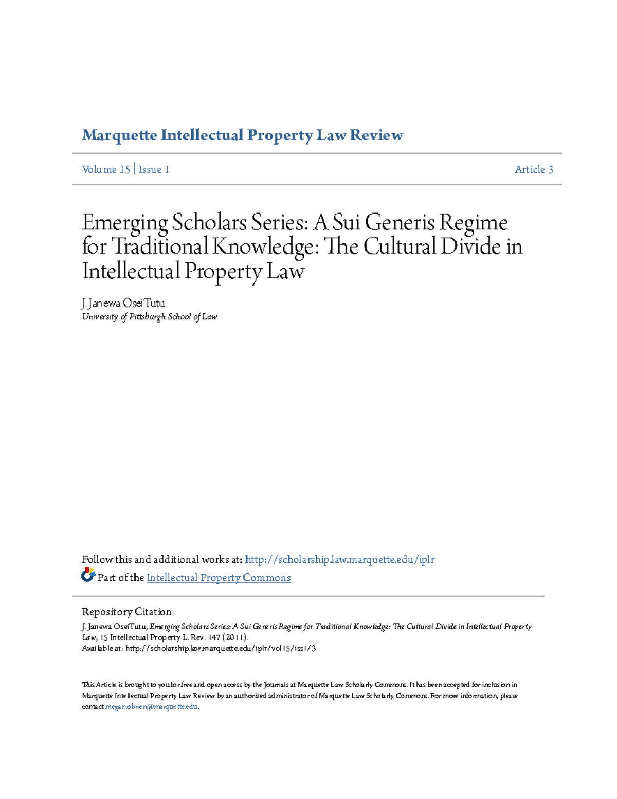 A Sui Generis Regime for Traditional Knowledge - Protection - Marquette ...