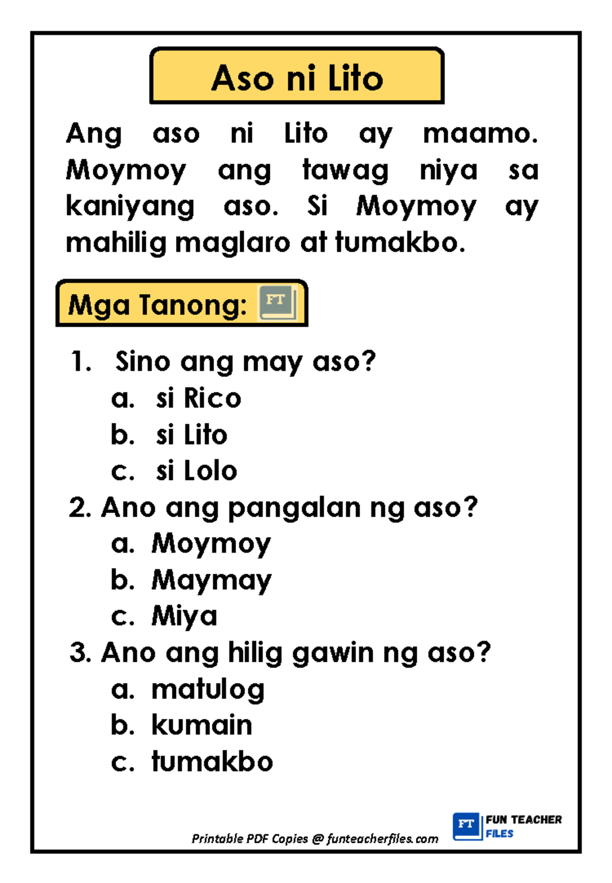 Filipino Reading Materials with Comprehension Questions Set 4 - Aso ni ...